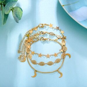 Jewelry | Sparkling Gold 3 Piece Moon Star And Leaf Anklet Simple ...